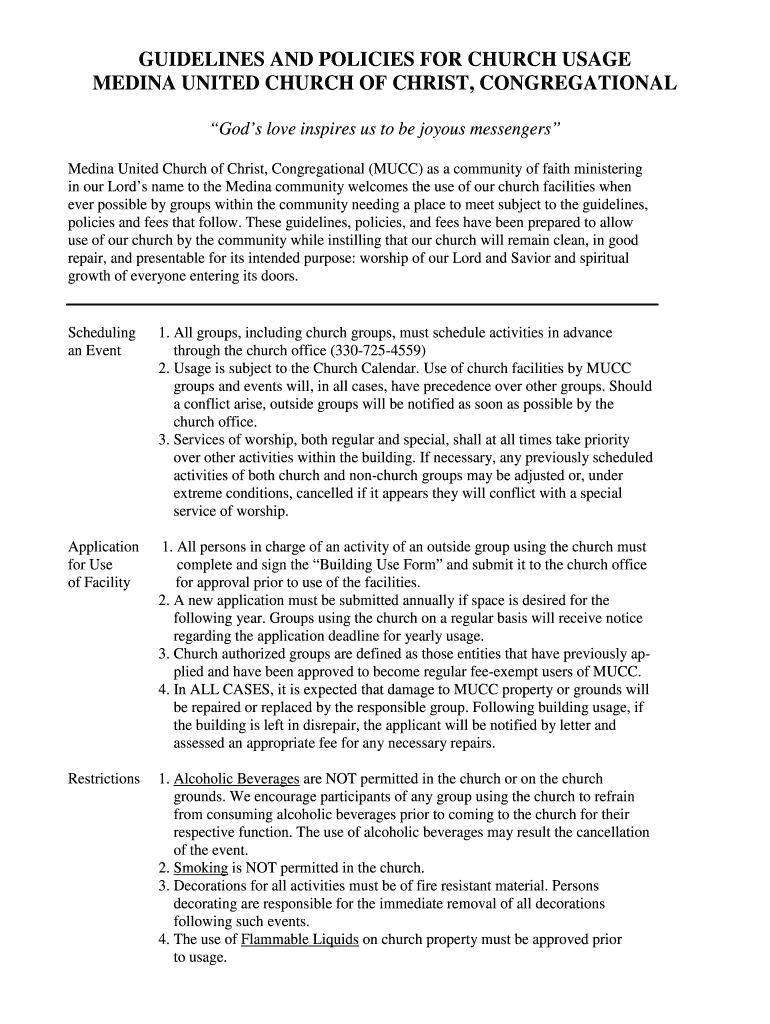Fillable Online GUIDELINES AND POLICIES FOR CHURCH USAGE Fax Email ...
