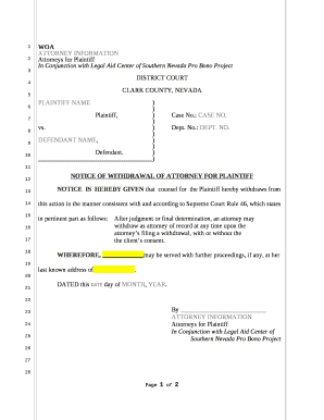NOTICE OF WITHDRAWAL OF ATTORNEY FOR PLAINTIFF Doc Template | pdfFiller