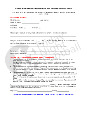 Friday Night Football Registration and Parental Consent Doc Template ...