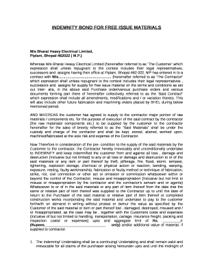 INDEMNITY BOND FOR FREE ISSUE MATERIALS Doc Template | pdfFiller