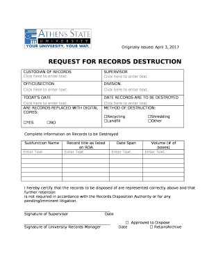 REQUEST FOR RECORDS DESTRUCTION Doc Template | pdfFiller