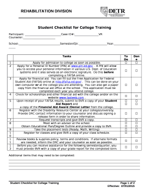 Student Checklist for College Training Doc Template | pdfFiller