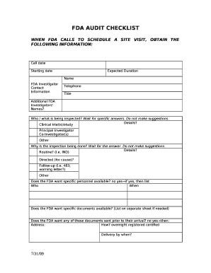 FDA AUDIT CHECKLIST - brsa wakehealth Doc Template | pdfFiller