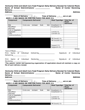 Kentucky Child and Adult Care Food Program Daily Delivery Receipt for ...