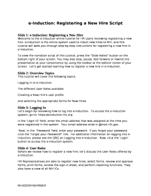 e-Induction: Registering a New Hire Script Doc Template | pdfFiller