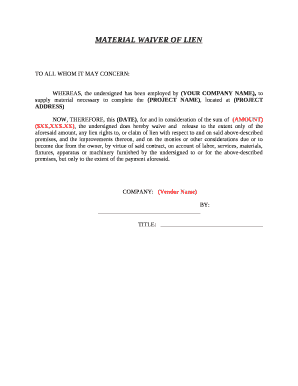 MATERIAL WAIVER OF LIEN Doc Template | pdfFiller