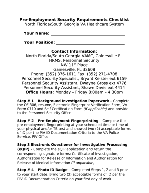 Pre-Employment Security Requirements Checklist Doc Template | pdfFiller