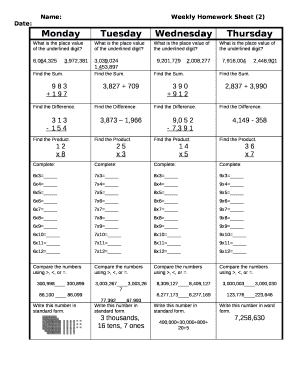 Weekly Homework Sheet Doc Template | pdfFiller