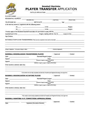 PLAYER TRANSFER APPLICATION Doc Template | pdfFiller