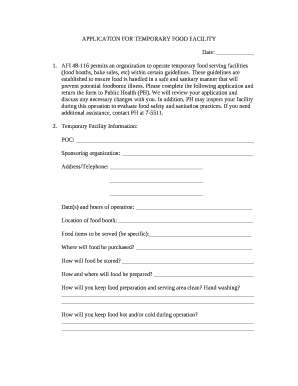 APPLICATION FOR TEMPORARY FOOD FACILITY Doc Template | pdfFiller