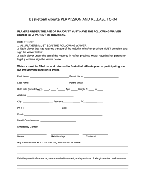 Basketball Alberta PERMISSION AND RELEASE Doc Template | pdfFiller