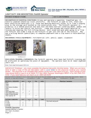 LIGHT DUTY JOB DESCRIPTION: Forklift Operator Doc Template | pdfFiller