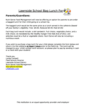 Lawnside School Bag Lunch Doc Template | pdfFiller