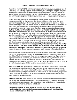 SWIM LESSON SIGNUP SHEET 2014 Doc Template | pdfFiller