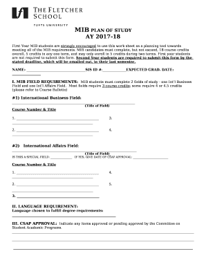 MIB PLAN OF STUDY - fletcher tufts Doc Template | pdfFiller