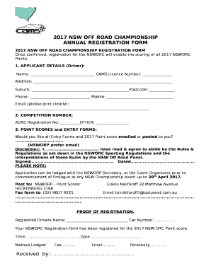 2017 NSW OFF ROAD CHAMPIONSHIP REGISTRATION Doc Template | pdfFiller