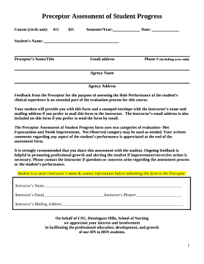 Preceptor Assessment of Student Progress Doc Template | pdfFiller