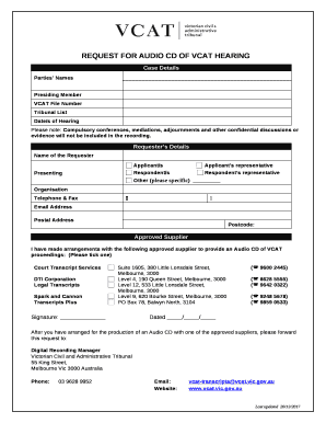 REQUEST FOR AUDIO CD OF VCAT HEARING Doc Template | pdfFiller