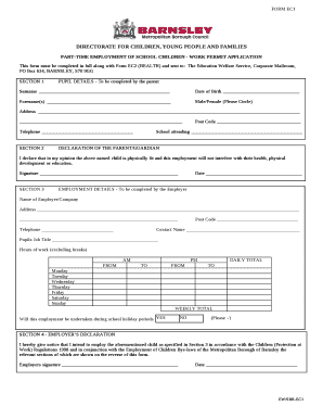 PART-TIME EMPLOYMENT OF SCHOOL CHILDREN - WORK PERMIT APPLICATION Doc ...