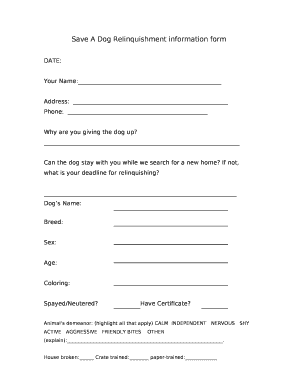 Save A Dog Relinquishment ination Doc Template | pdfFiller