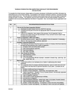 RUSSIAN FEDERATION PRE-INSPECTION CHECKLIST FOR PROCESSORS Doc Template ...