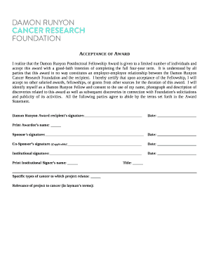 Acceptance of Award Doc Template | pdfFiller