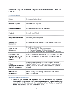 Section 4(f) De Minimis Impact Determination (per 23 CFR 771) Doc Template | pdfFiller