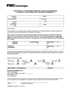Declaration of Hazardous Material and Decontamination Doc Template | pdfFiller