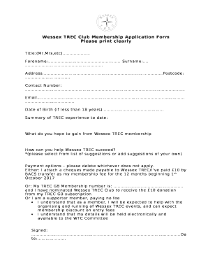 Wessex TREC Club Membership Application Doc Template | pdfFiller