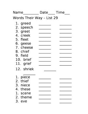 Words Their Way List 29 Doc Template | pdfFiller