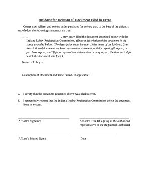 Affidavit for Deletion of Document Filed in Error Doc Template | pdfFiller