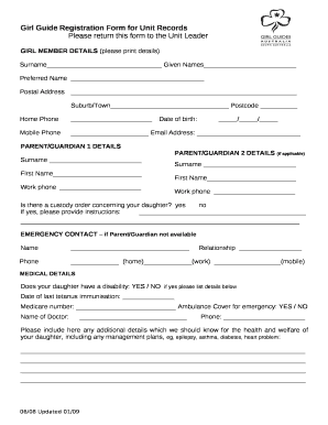 Girl Guide Registration for Unit Records Doc Template | pdfFiller
