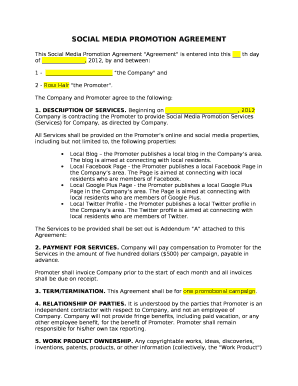 SOCIAL MEDIA PROMOTION AGREEMENT Doc Template | pdfFiller