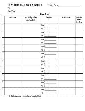 CLASSROOM TRAINING SIGN-IN SHEETTraining Category Doc Template | pdfFiller