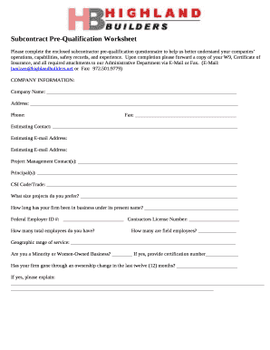 Subcontract Pre-Qualification Worksheet Doc Template | pdfFiller