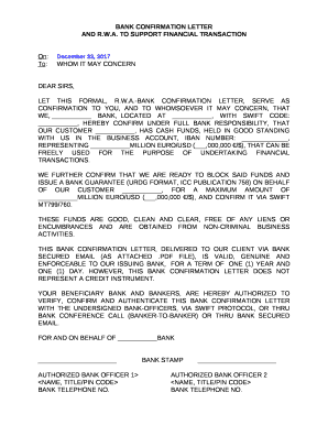 BANK CONFIRMATION LETTER Doc Template | pdfFiller