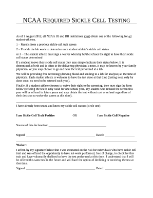 NCAA Required Sickle Cell Testing Doc Template | pdfFiller