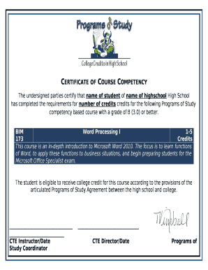 Certificate of Course Competency Doc Template | pdfFiller