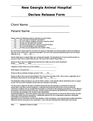 Declaw Release Doc Template | pdfFiller