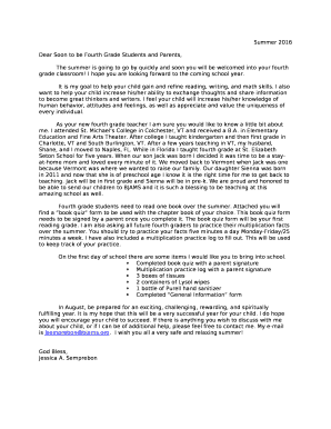 Dear Soon to be Fourth Grade Students and Parents, Doc Template | pdfFiller