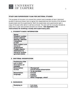 STUDY AND SUPERVISORY PLAN FOR DOCTORAL STUDIES Doc Template | pdfFiller