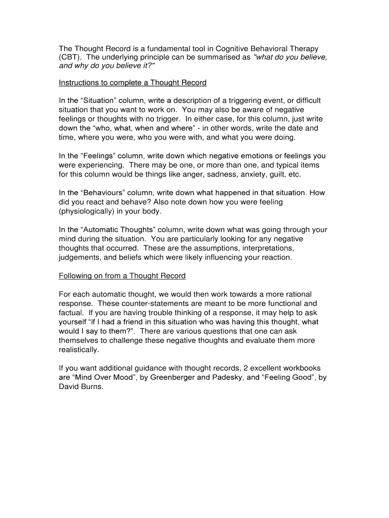 Fillable Online The Thought Record is a fundamental tool in Cognitive ...