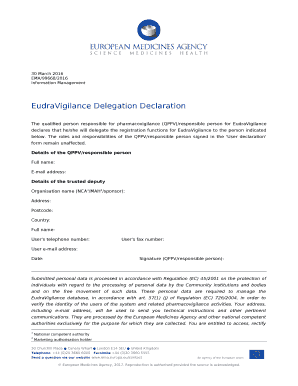 EudraVigilance Delegation Declaration Doc Template | pdfFiller