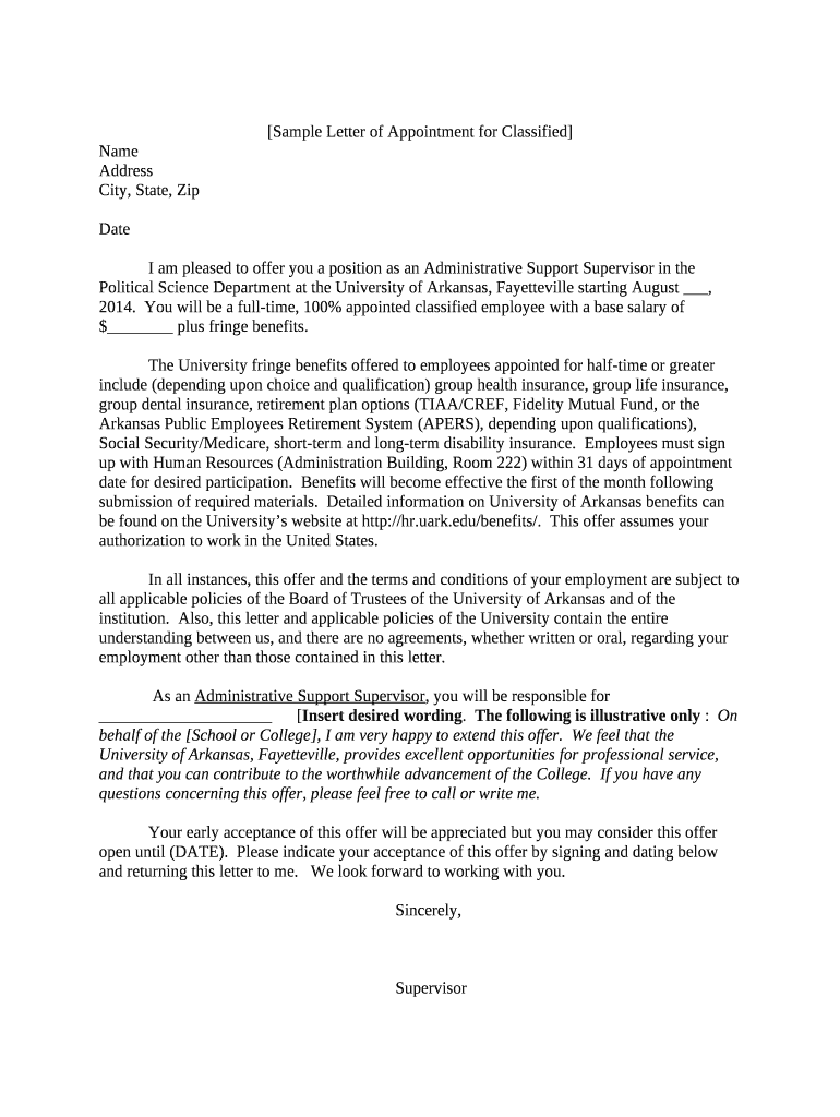 Sample Letter of Appointment for Classified Doc Template | pdfFiller