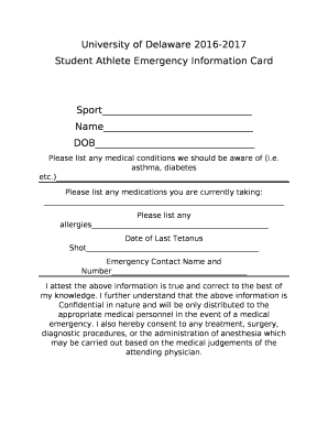 Student Athlete Emergency Ination Card Doc Template | pdfFiller