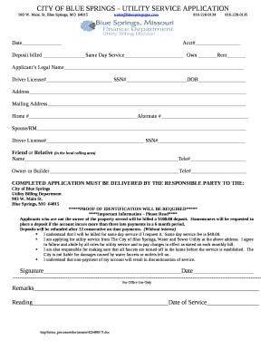 CITY OF BLUE SPRINGS UTILITY SERVICE APPLICATION Doc Template | pdfFiller