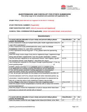 QUESTIONNAIRE AND CHECKLIST FOR ETHICS SUBMISSION Doc Template | pdfFiller