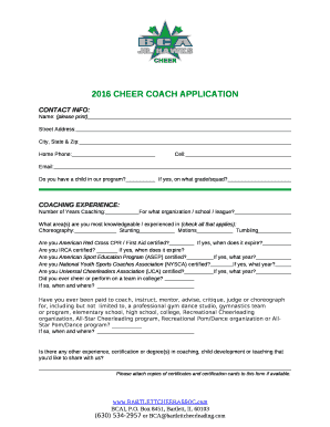 2016 CHEER COACH APPLICATION Doc Template | pdfFiller