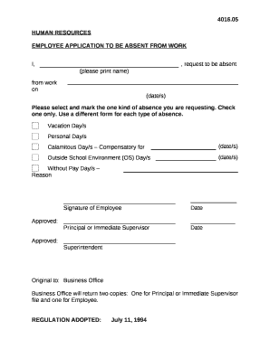 EMPLOYEE APPLICATION TO BE ABSENT FROM WORK Doc Template | pdfFiller