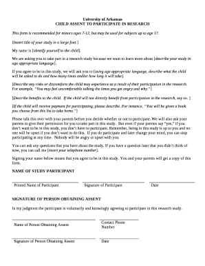 CHILD ASSENT TO PARTICIPATE IN RESEARCH Doc Template | pdfFiller